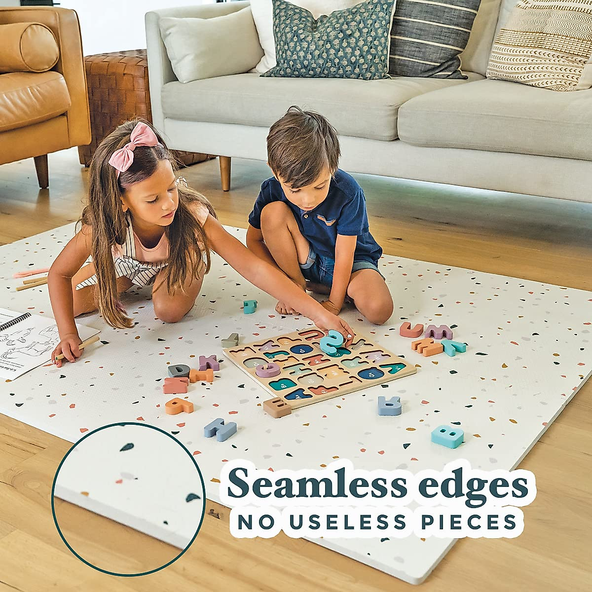New! 4' x 6' Baby & Child Play Mat - Modern Terrazzo Design - Extra-Thick - Seamless Edges Playmat - Neutral Cream Color - 100% Non-Toxic Kids Extra Large Play Mat | Simply Tots Brand