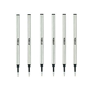 4.37 inch Rollerball Pen Refills, Roller Ball Fine Point 0.5mm, Black Ink Refill Pack of Replaceable Pen Refills Medium Point (6 Pack)