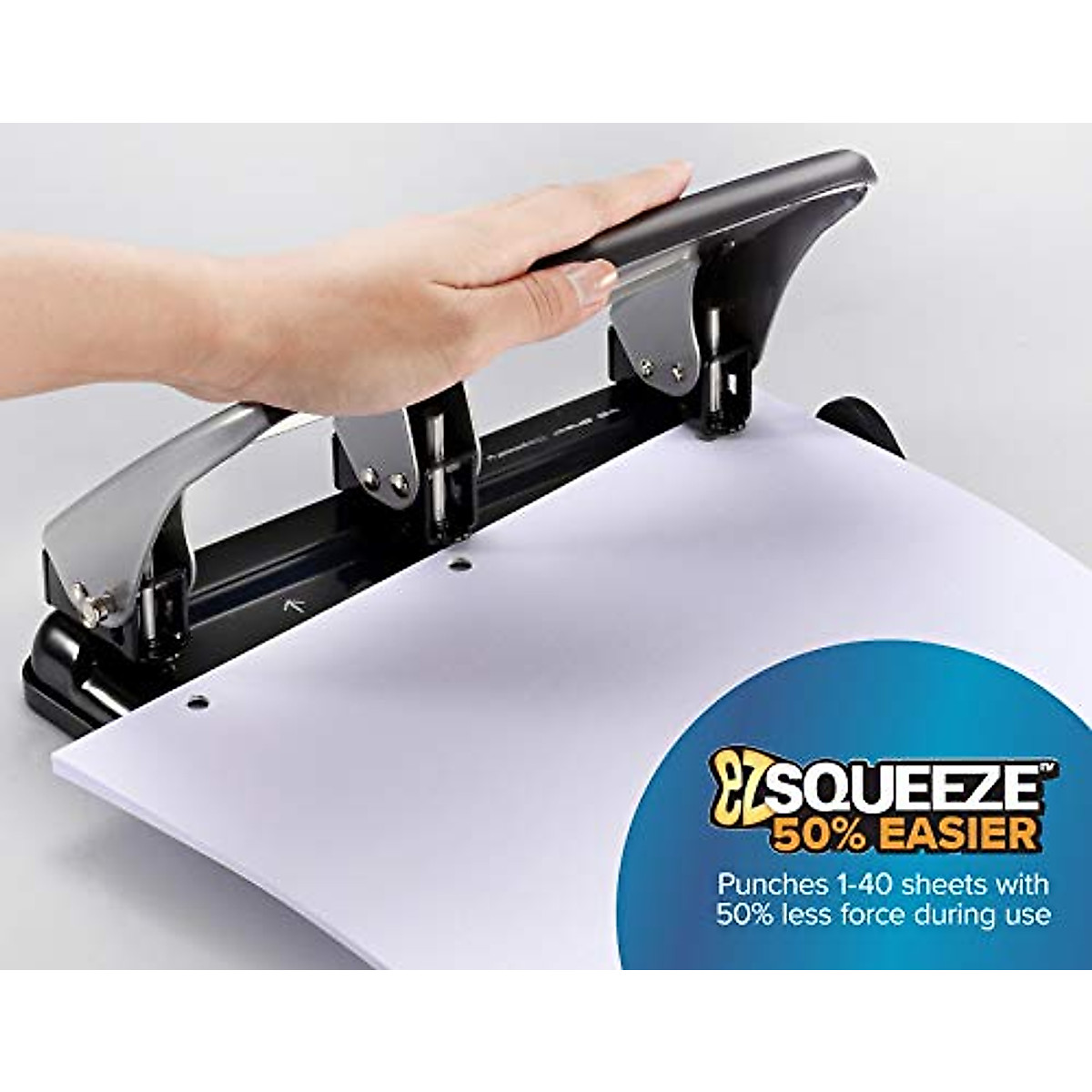 Bostitch Office EZ Squeeze Heavy Duty 3 Hole Punch, 40-Sheet Capacity, Use Less Force, Perfect for Home Office School Supplies, Sleek Design, Silver