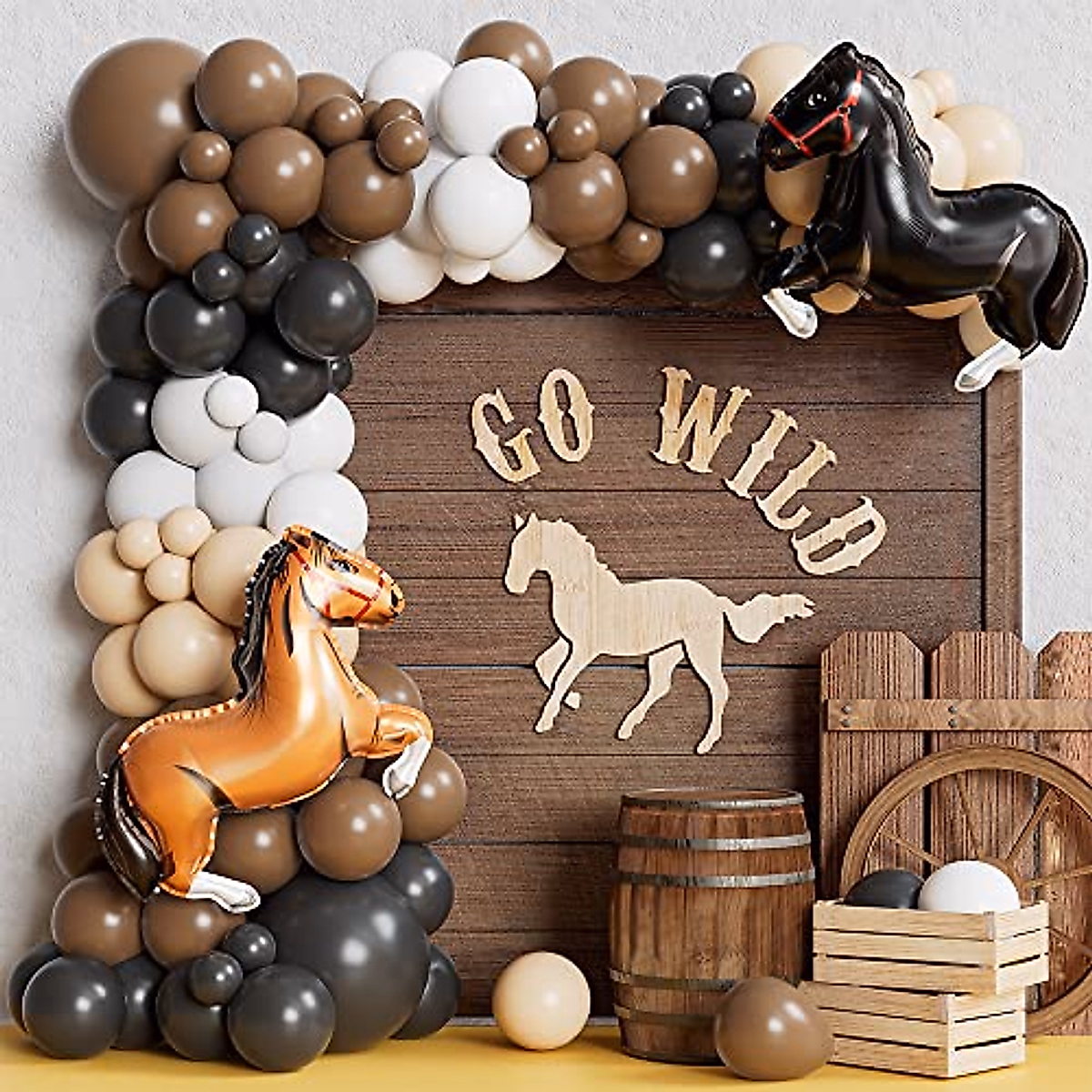 Western Cowboy Party Decorations,Horse Racing Balloon Arch Garland Kit,136PCS Black White Blush Brown Balloons for Derby Day Festival Farm Cow Wild Party Birthday Baby Shower Decor Supplies