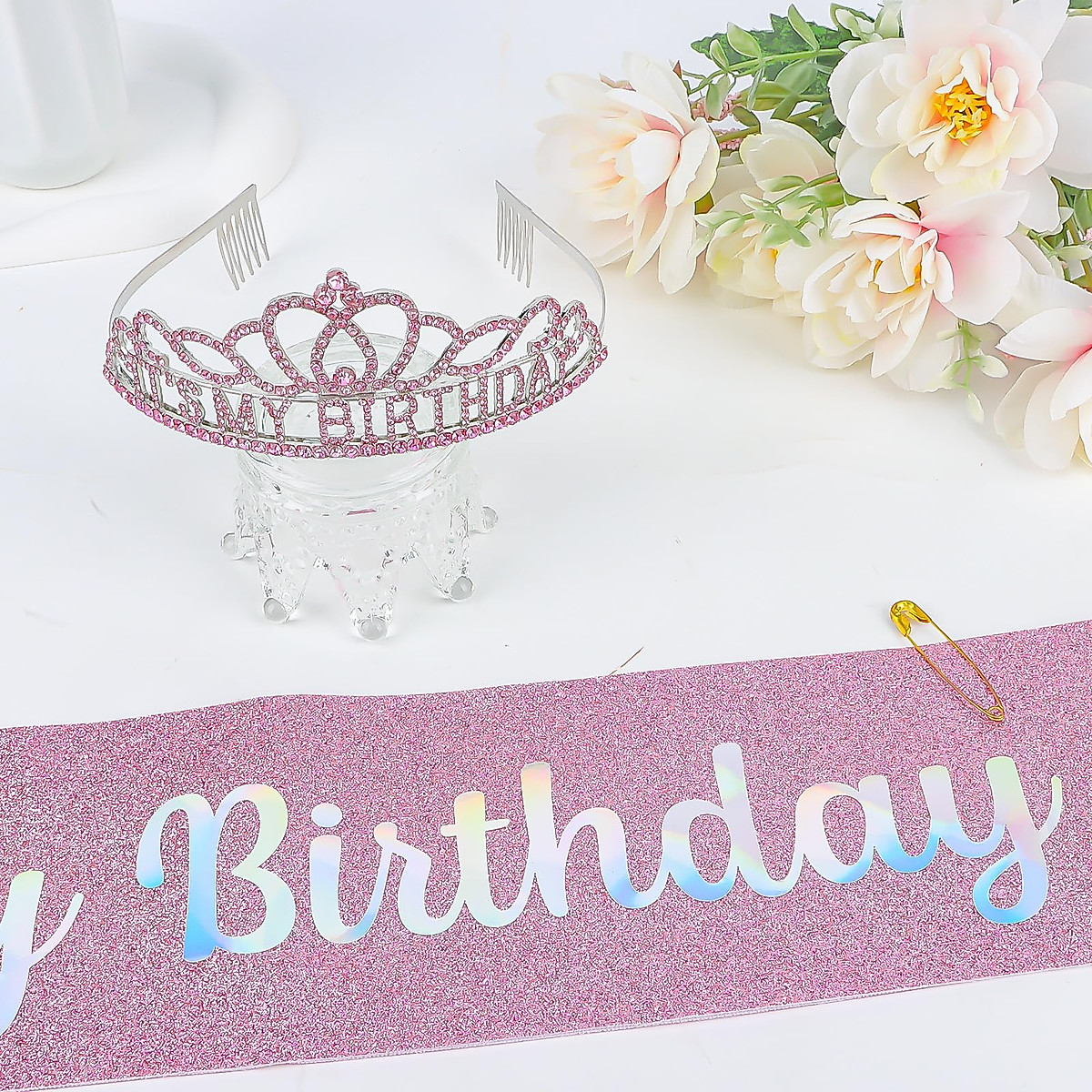 Pink Birthday Crown Adult Woman & Glitter Its My Birthday Sash for Women Birthday Tiara for Women Birthday Hat Birthday Girl Crown Pink Crown for Women Parties Favors Pink Birthday Decorations