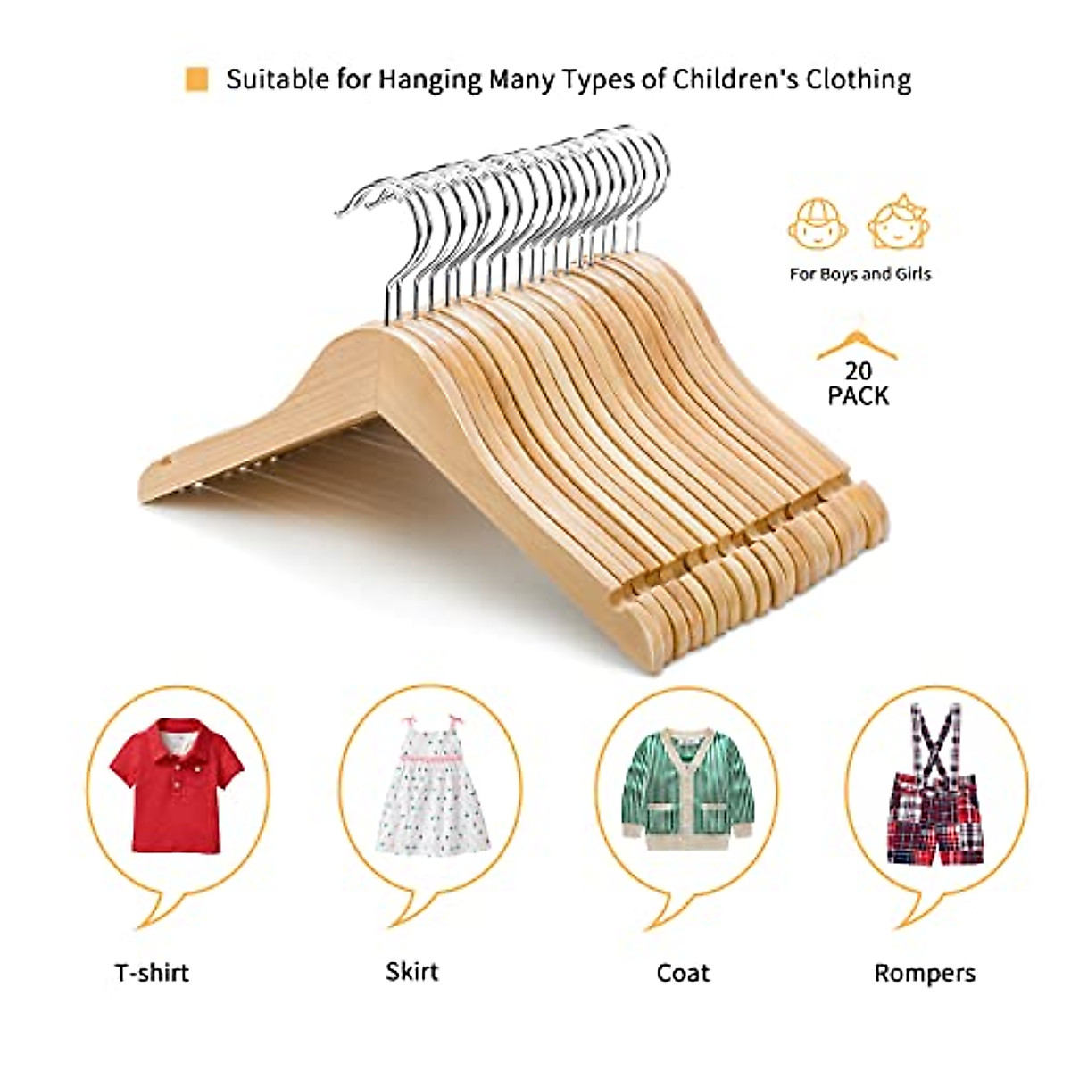 Nature Smile 20 Pack 14 Inches Juniors Preteen Older Children Wooden Clothes Hangers Wood Dress Shirt Hanger Coat Jacket Hangers with Notches and 360° Swivel Anti-Rust Chrome Hook (Natural)