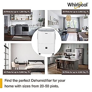 Whirlpool 40 Pint Portable Dehumidifier with Built-In Pump, 24-Hour Timer, Auto Shut-Off, Easy-Clean Filter, and Auto-Restart | For Bathrooms, Basements, and Bedrooms | WHAD40PCW