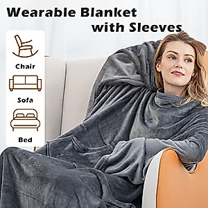 OIGAE Wearable Blanket with Sleeves & Foot Pocket for Women Men Adult, Comfy Fleece Blanket with Snap Button Extra Soft TV Wrap Throw Blanket for Couch Sofa Home Office, 79" x 67", Grey