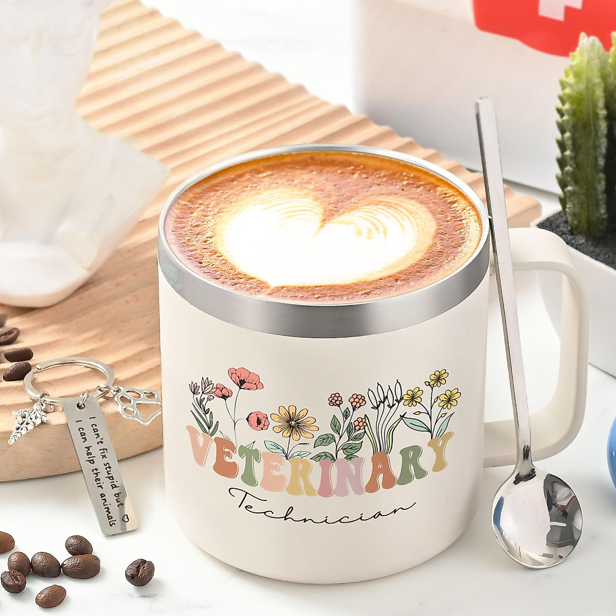 Lifecapido Vet Tech Gifts, Veterinarian Gifts, Veterinary Technician 14oz Coffee Mug with Keychain, Vet Tech Week Gifts Christmas Gifts Birthday Gifts for Veterinarian Veterinary Technologists, Creamy