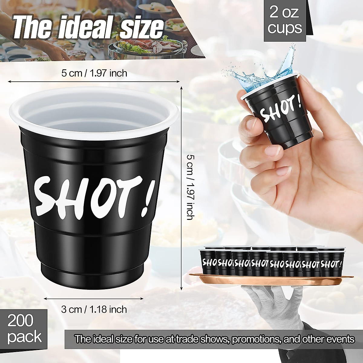 200 Pieces Disposable Shot Glasses 2 oz Shot Cups Plastic Party Favor Cups for Birthday Bachelorette Holiday Party Drinking Serving Snacks Samples Condiments and Tastings (Black)