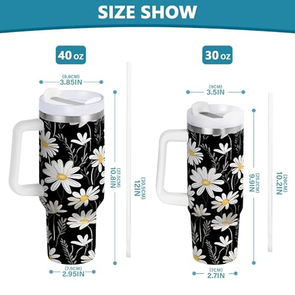 Jihqo Black Daisy 40 oz Stainless Steel Vacuum Insulated Tumbler with Handle and Straw Lid, Leakproof Water Bottle Double Wall Travel Mug Coffee Cup, Cupholder Friendly