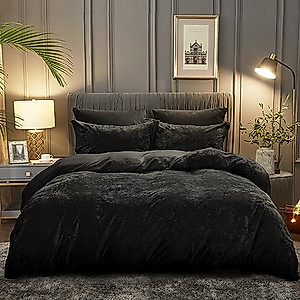 PHF Truly Velvet Duvet Cover Set Queen Size, 3pcs Ultra Soft Breathable Comforter Cover Set, Luxury Cozy Flannel Duvet Cover with Pillow Shams Bedding Collection, 90" x 90", Black