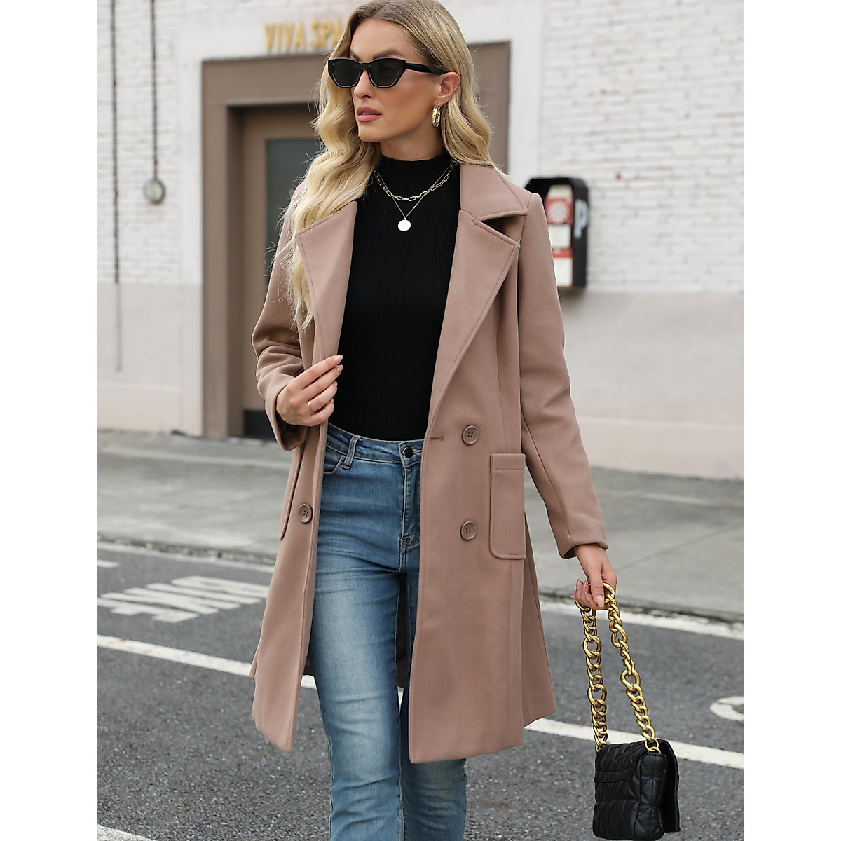 Bankeng Women Winter Wool Blend Camel Mid-Long Coat Notch Double-Breasted Lapel Jacket Outwear (Camel,M)