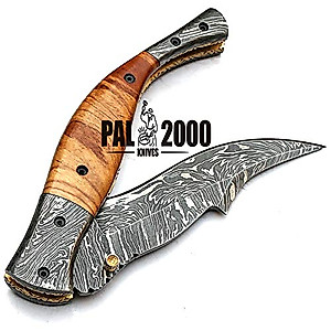 PAL 2000 HUNTING KNIVES FOL-8459 Handmade Damascus Steel Pocket Knife Olive Wood Handle With Sheath