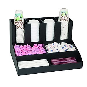 Dispense-Rite CLCO-4BT Eight Compartment Countertop Cup, Lid, Straw And Condiment Organizer, Black Polystyrene, 11-1/8" H x 18-3/4" W x 14-1/2" D