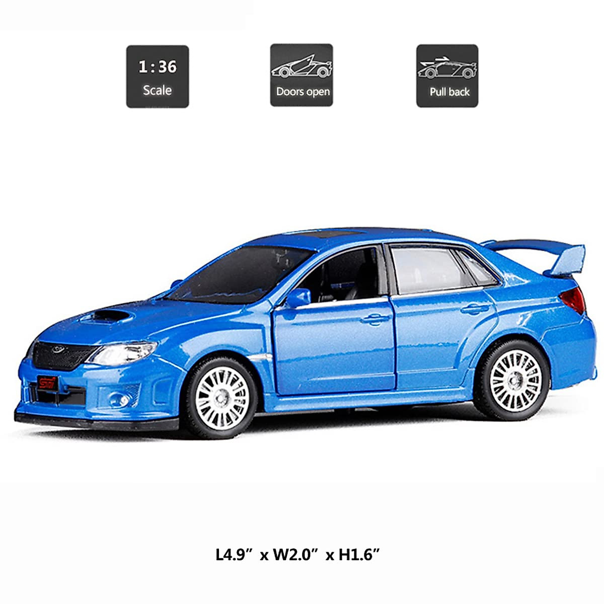 2010 Impreza WRX STI Racing Sports Sedan Diecast Car Model Toy Vehicle 1/36 Scale Metal Pull Back Friction Powered Children’s Die-cast Vehicles Doors Open Toys for Boys Gifts Kids Adults, Blue