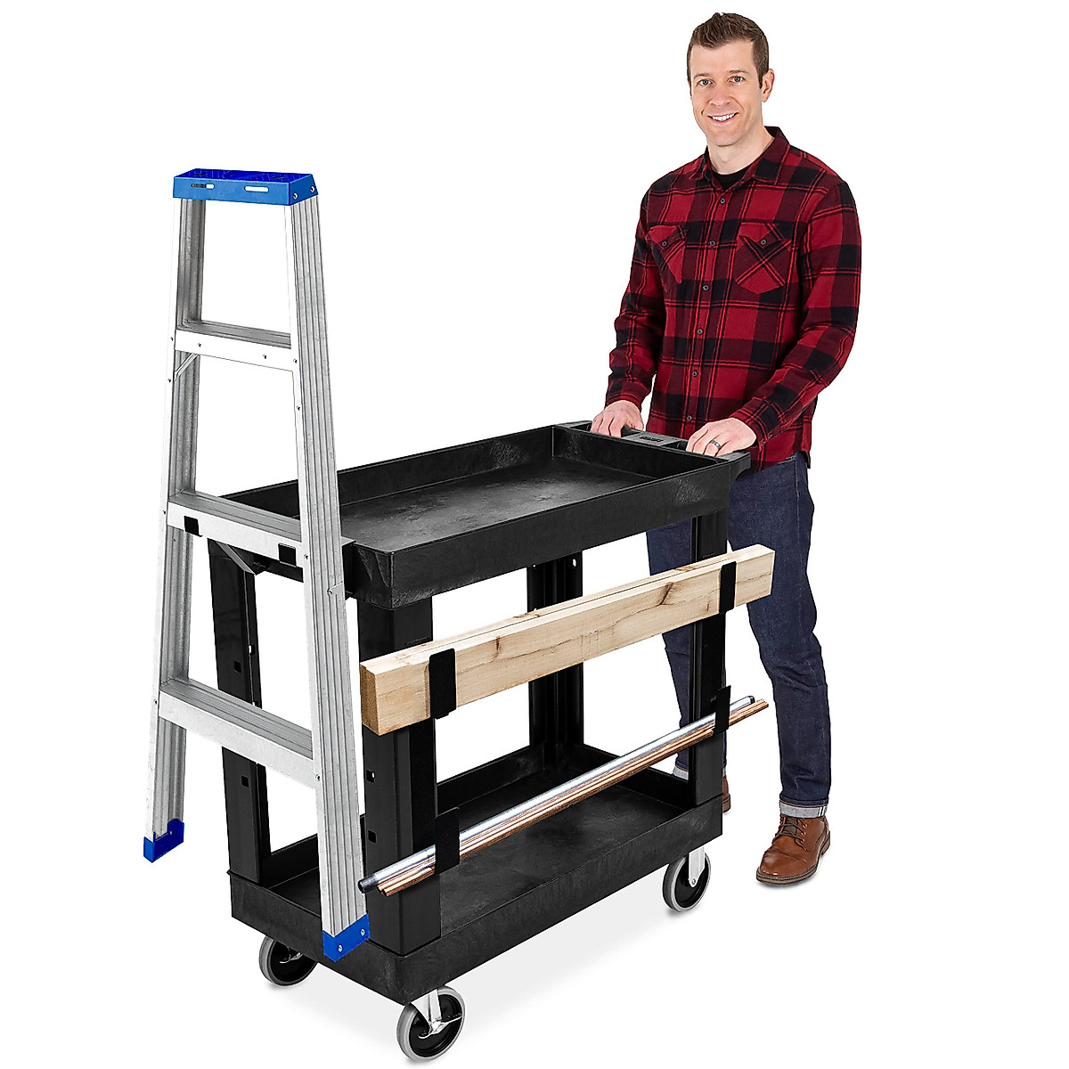 Stand Steady Tubstr 2 Shelf Utility Cart | Heavy Duty Service Cart Holds 400 lbs. | Adjustable Storage Hooks, Ladder & Spool Holders | Tub Cart for Warehouse, Garage, School & Office (32 x 18in/Black)