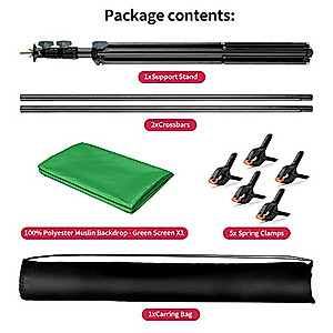 JEBUTU 5X6.5ft Green Screen Backdrop with Stand Kit, Green Screen with T-Shape Background Support Stand, Portable Green Screen Stand Kit with Carrying Bag & 5 Spring Clamps for Zoom, Video, Streaming