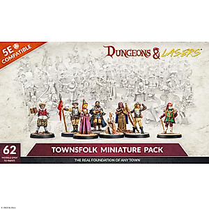Dungeons & Lasers Townsfolk Miniature Pack - 62 NPC DND Miniatures with Scenic Bases - Use for D&D Miniatures and 5E Compatible Tabletop RPG Games - 28MM Unpainted and Unassembled - for 14 Years +