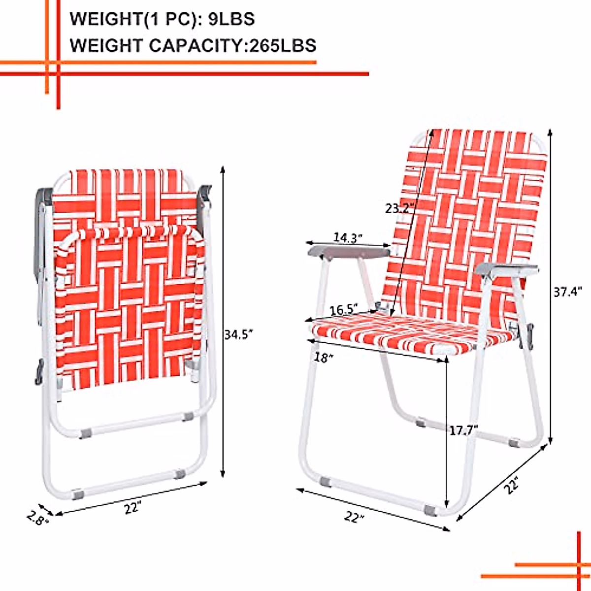 Guangshuohui Set of 2 Patio Lawn Webbed Folding Chairs, Outdoor Beach Chair Portable Camping Chair, Webbed Folding Chair for Yard, Garden (Red & White)