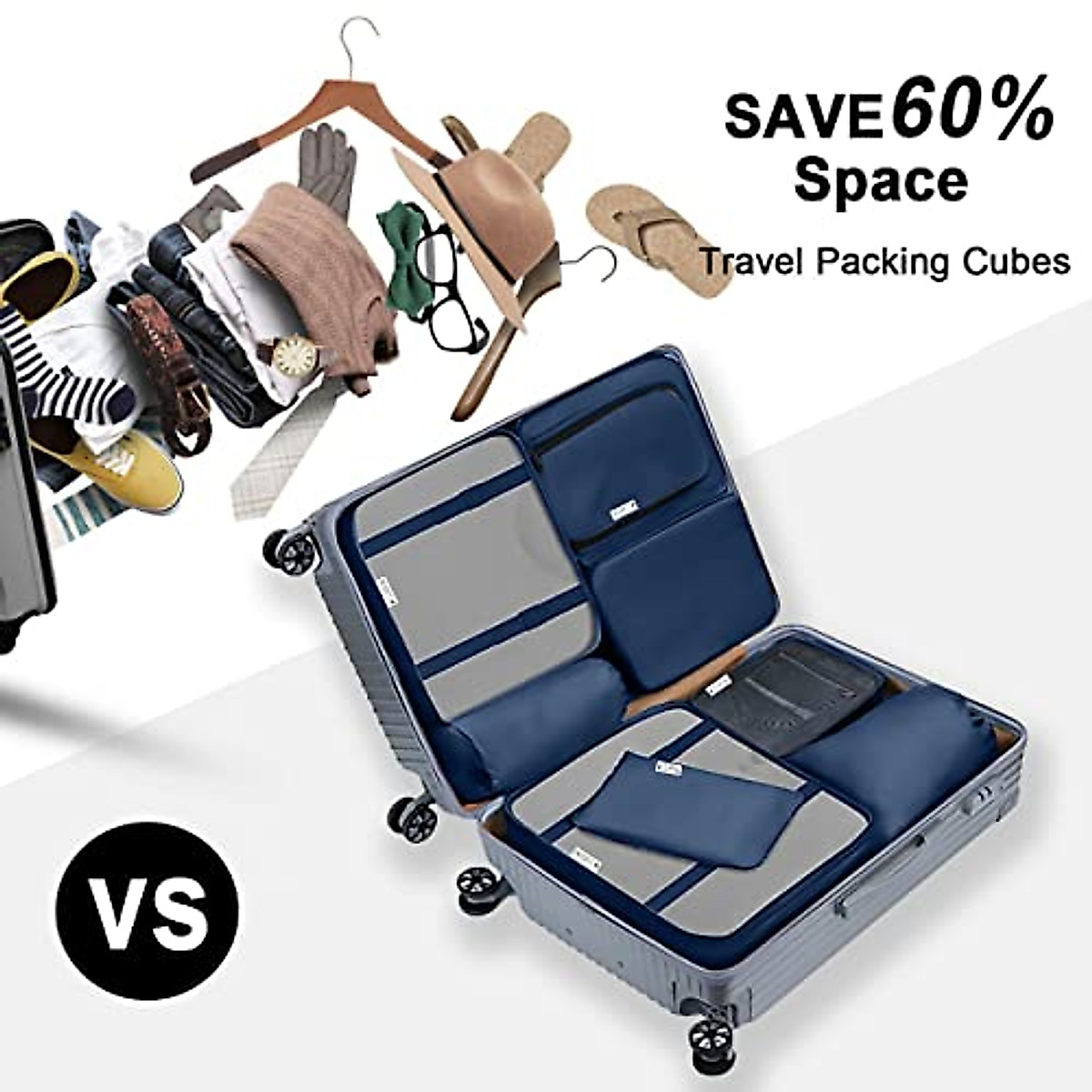 Packing cubes for essential travel - Set of 8 pcs of compression organizer for carry on suitcase, luggage mesh bags for accessories and clothing, laundry bag included (NAVY BLUE)