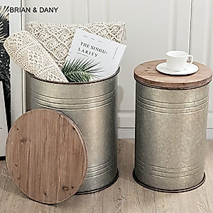 BRIAN & DANY 2 Pack Farmhouse Accent Side Table, Rustic Storage Ottoman Seat Stool with Round Wood Lid, Galvanized Metal Storage Bin for Living Room Furniture, Distressed Grey