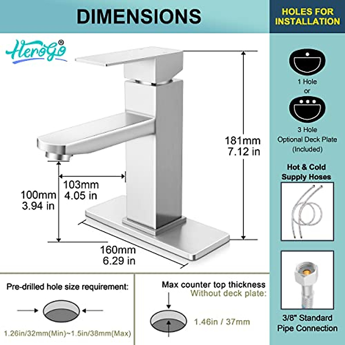 Herogo Brushed Nickel Bathroom Faucet, Stainless Steel Bathroom Sink Faucets with Brass Pop-up Sink Drain Stopper & Deck Plate 1 or 3 Hole, Single Handle RV Lavatory Faucet with 2 Water Hoses