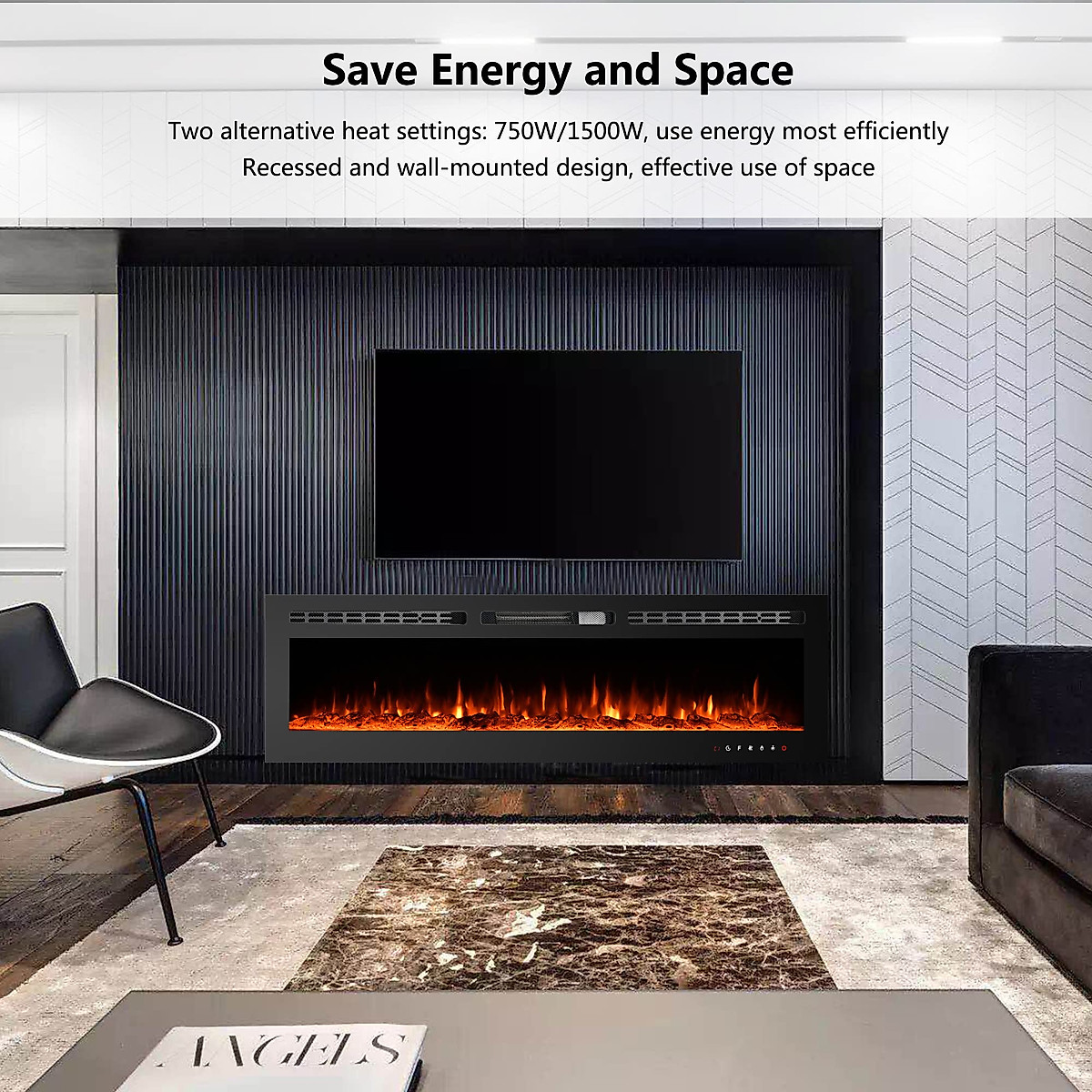 60 Inch Electric Fireplace Inserts, Wall Mounted Fireplace, Led Wall Mounted Heater with Logs, Recessed Electric Fireplace with Remote Control, Linear Fireplace, 9 Multi Color Flames, 750/1500W