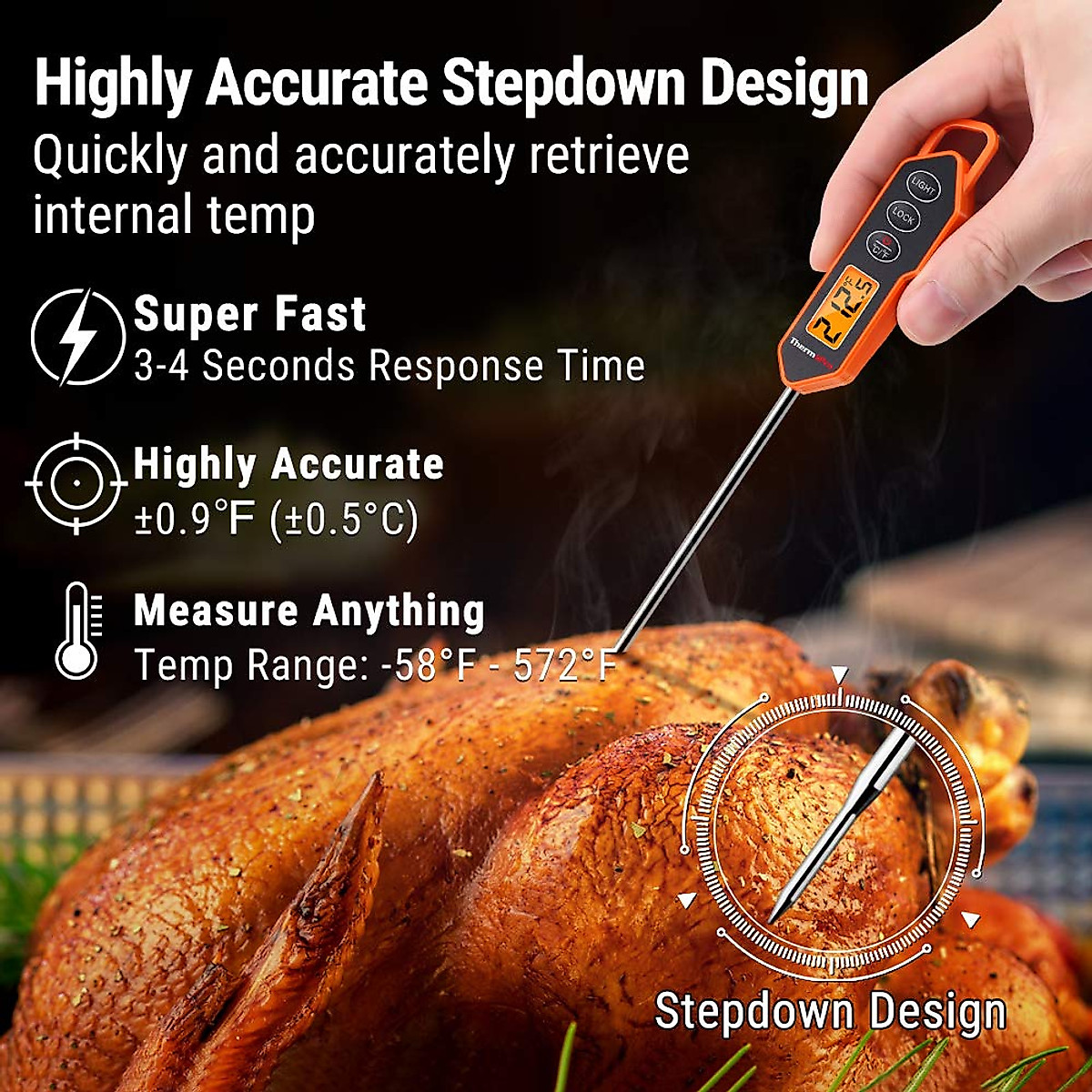ThermoPro TP01H Digital Meat Thermometer with Long Probe, Food Thermometer for Cooking, Candy, Smoker, Oil, Grilling and BBQ, Instant Read Thermometer with Backlit & Lock Function