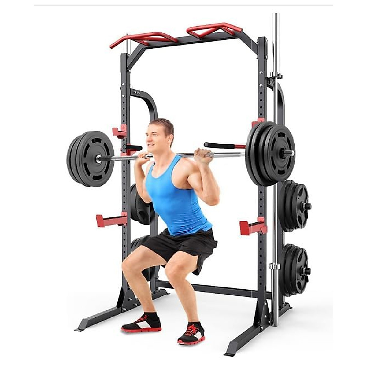 SunHome Power Cage Squat Rack, Multi-Functional Power Rack with J-Hooks, Dip Handles, Weight Plate and Olympic Bar Storage Home Gym