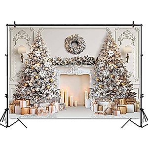 Mocsicka Classic Christmas Interior Room Photography Backdrop White Christmas Fireplace Photo Background Decorated Xmas Tree Family Kids Holiday Party Banner Decorations Photo Booth Props (8x6ft)