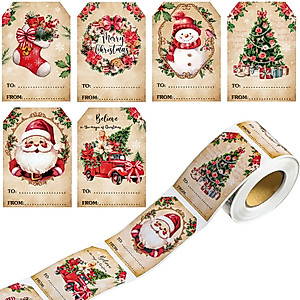300 Pcs Christmas Gift Tags Stickers Self Adhesive Xmas Name Tag Labels Santa Claus Present Stickers Vintage Merry Christmas Gift Wrapping Sticker for Present Decoration Holiday Party Supplies (Retro)