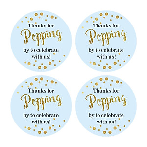 50 Count 2" Round Thanks for Popping by Stickers Candy Popcorn Favor Stickers for Baby Shower Party Decoration (Blue)
