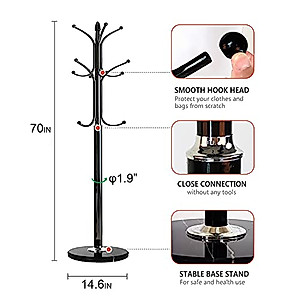 Kertnic Metal Coat Rack Stand with Natural Marble Base, Free Standing Hall Tree with 12 Hooks for Hanging Scarf, Bag, Jacket, Home Entry-way Hat Hanger Organizer (Black)