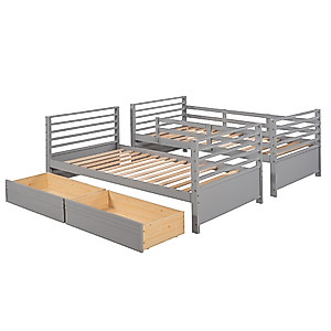 BIADNBZ Solid Wood Twin Over Twin Bunk Bed with Two Drawers Can Be Separated into Two Bedframe for Kids/Teens/Adults Bedroom,Gray