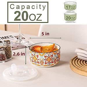Chubacoo Ceramic Bowl with Lid: Microwave Safe Soup Containers Set of 6 for Meal Prep, Cereal, Salad, Picnic, Camping, Office Lunch, Kitchen Food Storage - 5 Inch, 20 oz, Design B