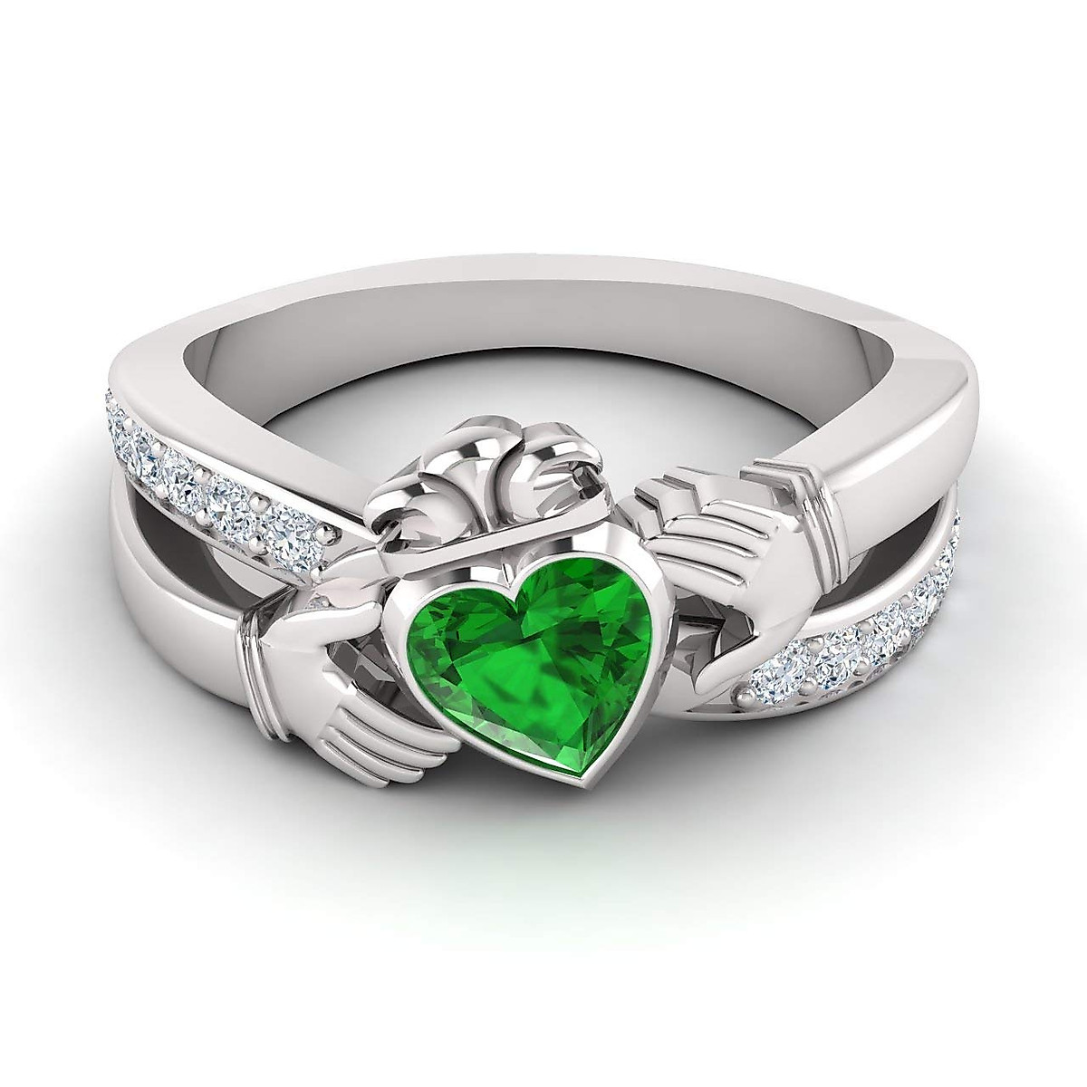 Diamondere Natural and Certified Emerald and Diamond Engagement Ring in 14K White Gold | 0.81 Carat Claddagh Ring for Women, US Size 7