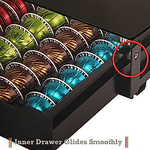 Vertuo Pod Holder Drawer with Deluxe Black Tempered Glass Top, Compatible for Nespresso VertuoLine Pods, Holds up to 75 Small or 50 Big Vertuo Pods Compact Design (Matte Black)