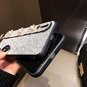 Aowner iPhone 14 Pro Max Case - Glitter Bling Stand, Luxury Hand Strap, Sparkle Pearl Bee Wrist Bracket, Silver