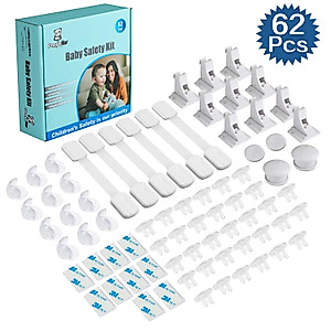 PandaEar Baby Child Safety Proofing Kit 62 Pcs Set, 6 Adjustable Adhesive Cabinet Straps, 12 Clear Corner Protectors Guards, 32 Outlet Plug Covers, 10 Magnetic Cabinet Locks with 2 Keys, No Drill Req