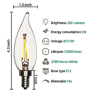 Modvera Lighting - 25W Equal LED Candelabra Bulb Bent Tip 2 Watts Warm White 2700K E12 Base Filament Style Chandelier Bulb. UL Listed, RoHS Compliant - 6 Pack