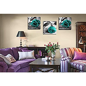 Canvas Wall Art Teal Rose Flowers Pictures Wall Decor -36" x 12" Gray Canvas Prints Painting Framed for Bathroom Bedroom Home Decor