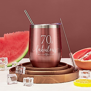 Crisky Rose Gold 70 & Fabulous Wine Tumbler for Women 70th Birthday Gifts for Women, Wife, Mom, Sister, Aunt, Friends, Coworker Her, Vacuum Insulated Coffee Cup,12oz with Box, Lid, Straw