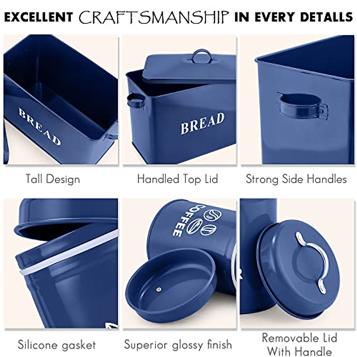 E-far Navy Blue Bread Box & Kitchen Canister Set | Farmhouse