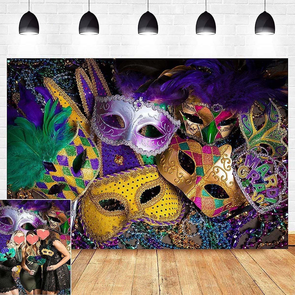 Mardi Gras Beads Photography Backdrop for Mask Prom Dance Decorations Gold Green Purple for Carnival Masquerade Ball Birthday Party Banner Supplies Photo Background Vinyl 5x3ft Photo Booth Props