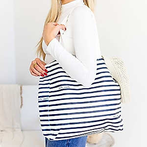 Kate Spade New York Canvas Tote Bag for Women, Cute Tote Bag for Teacher, Canvas Beach Bag, Book Tote with Pocket, Navy Painted Stripe
