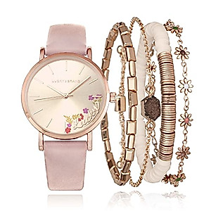 Lucky Brand Watches for Women Floral Dial with Genuine Leather Strap Quartz Movement Women's Wrist Watches Bracelet Gift for her Box Set (Rose Gold)