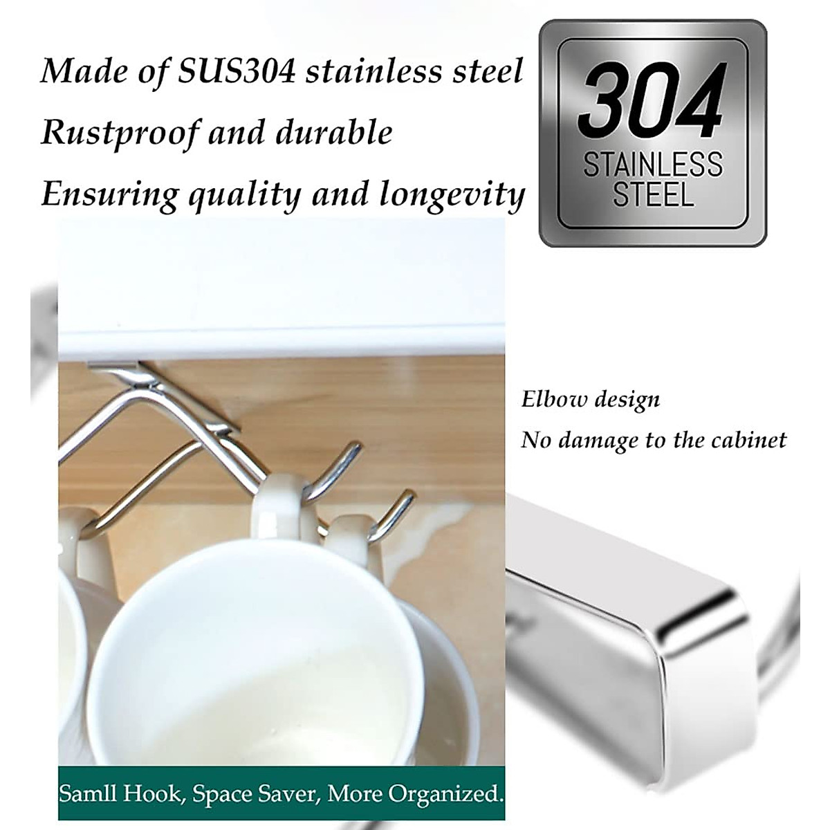 Kakuru Coffee Mug Organizer. Mug Rack Hanger, 4 Hooks Under Cabinet, 2 PCS Stainless Steel, Best Choice for Space Saving