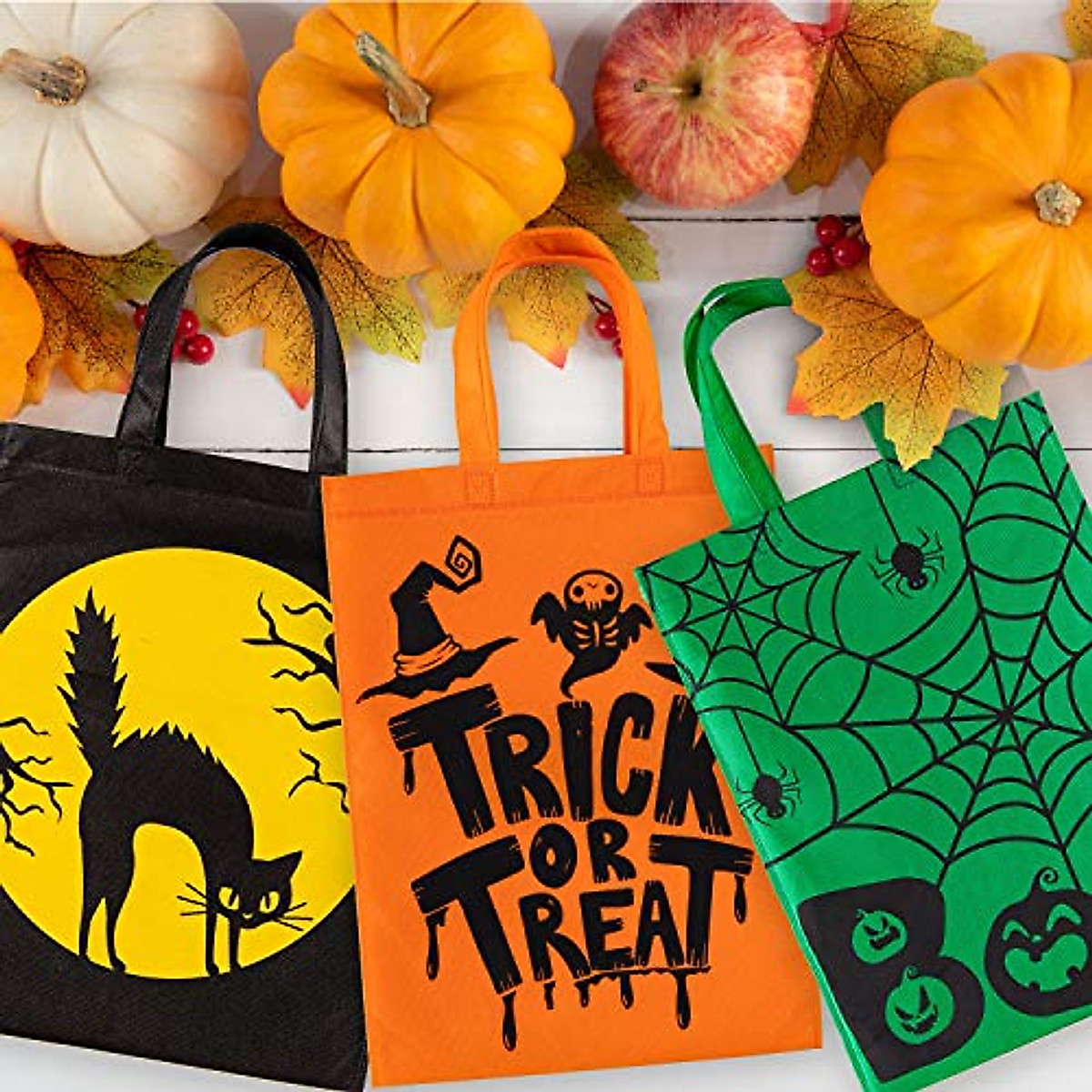 Whaline 12 Pack Halloween Trick or Treat Bags Non-Woven Tote Gift Bag Skull Pumpkin Web Spider Witch Candy Bags Reusable Goodie Treat Bag with Handle for Halloween Party Favors, 12 x 15"