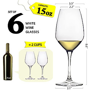 FAWLES Crystal White Wine Glasses Set of 6, 15 Ounce Laser Cut Rim Stemmed Clear Chardonnay Wine Glass Set, Housewarming/Anniversary/Wine Gift Set