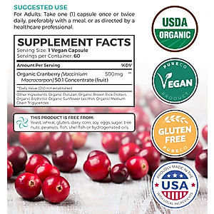 Organic Cranberry Pills - 50:1 Concentrate Equals 25,000mg of Fresh Cranberries (Vegan) for Urinary Tract Health & Kidney Cleanse - Cranberry Pills for Women - UTI Support Supplement - 60 Capsules