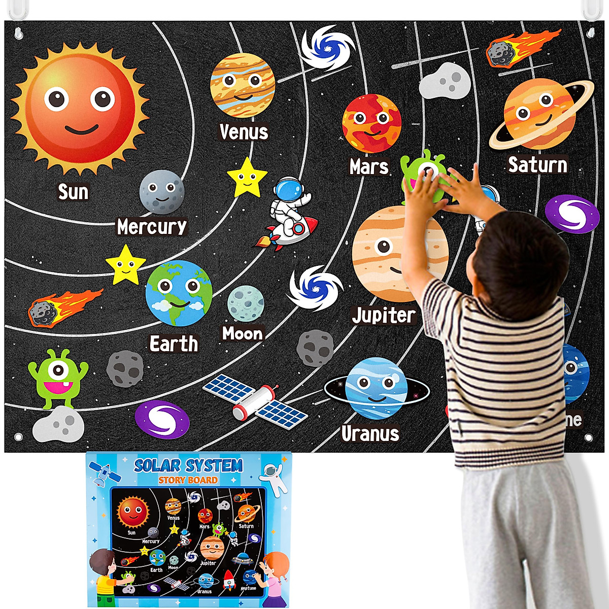 WATINC 44Pcs Outer Space Felt Story Board Set 3.5 Ft Solar System Universe Storytelling Flannel Interactive Play Kit with Hooks Astronaut Planets Alien Galaxy Reusable Wall Hanging Gift for Boys Girls