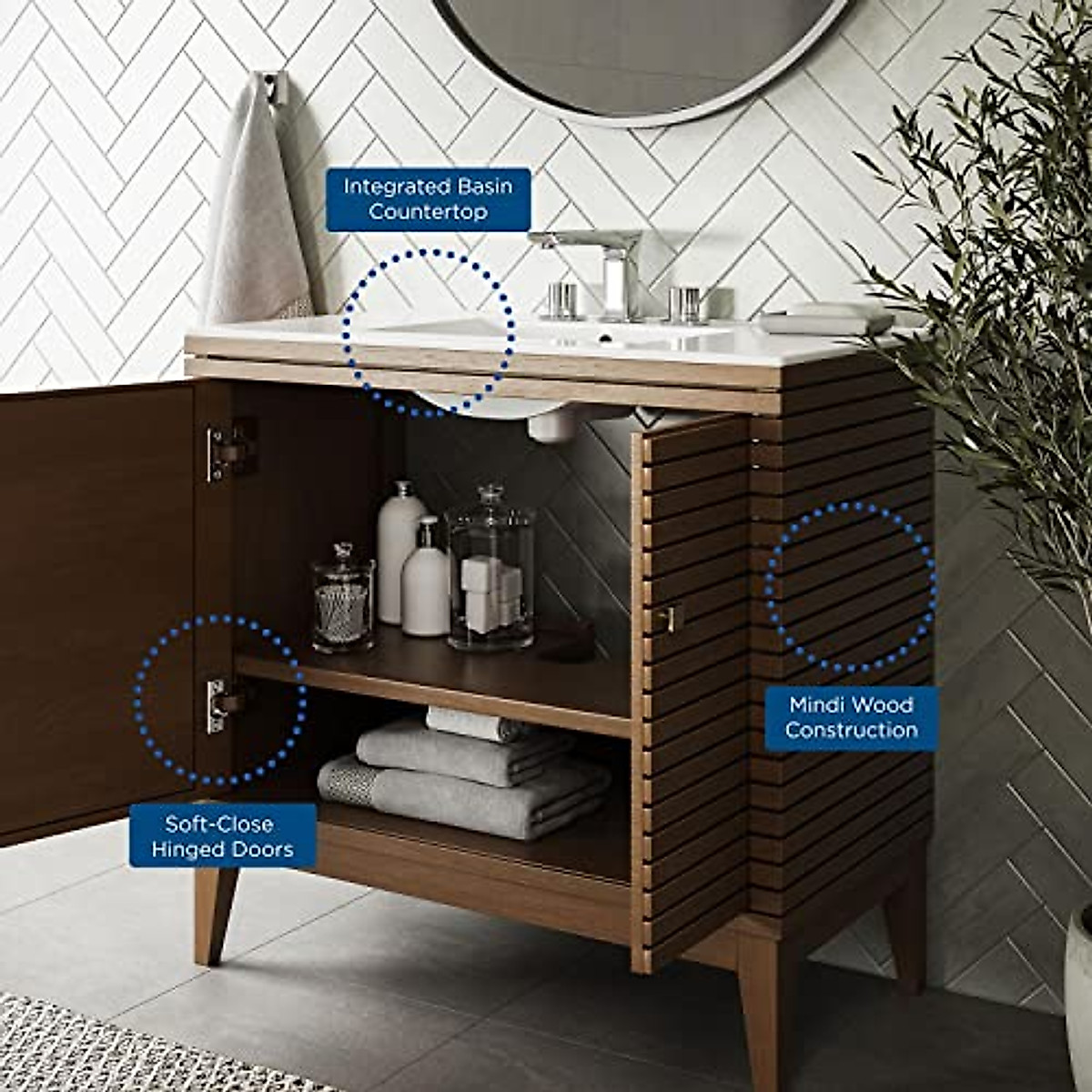 Modway Ledger Wood Bathroom Vanity Cabinet, 36 Inch, Walnut White