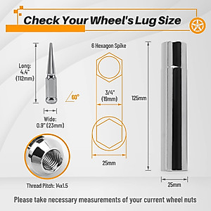 MIKKUPPA M14x1.5 Wheel Spike Lug Nuts, 32 PCS Chrome Spiked Lug Nuts 14mmx1.5 Solid 4.4" Tall Acorn Lug Nut with 1 Socket Key Replacement for Chevy Silverado 1500 2500 3500, F-150 F-250 F-350
